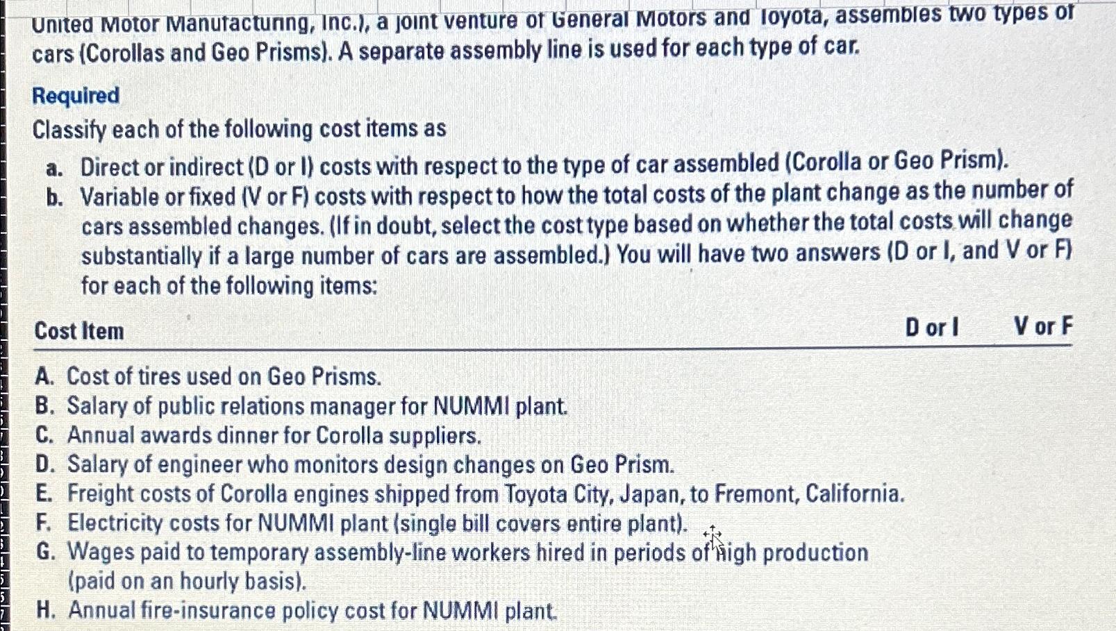 Solved United Motor Manufactunn, Inc. I, a joint venture of | Chegg.com