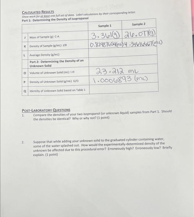 Solved CALCULATED RESULTS Show work for at least one full | Chegg.com