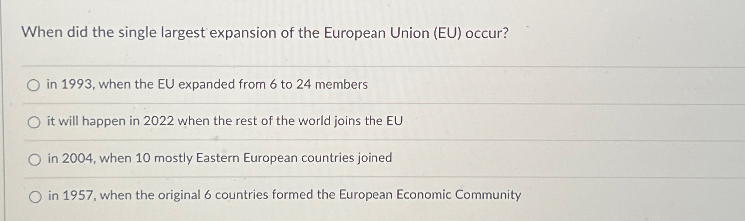 Solved When did the single largest expansion of the European | Chegg.com