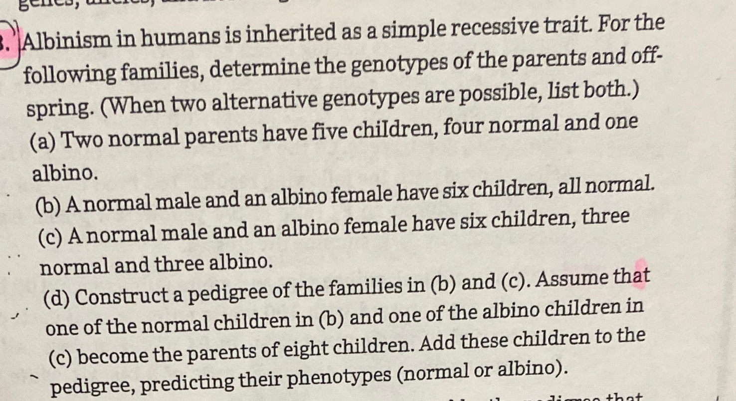 Solved Albinism in humans is inherited as a simple recessive | Chegg.com