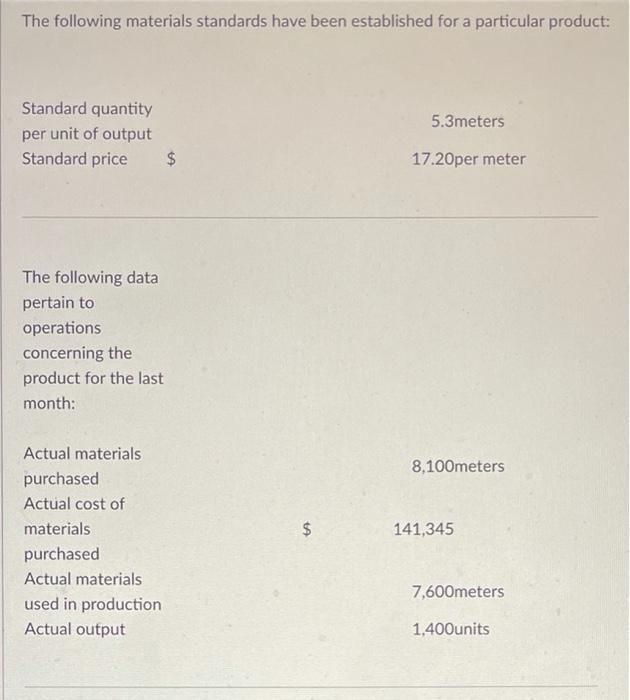 Solved The following materials standards have been | Chegg.com