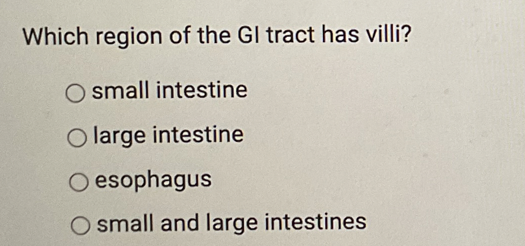 Solved Which region of the GI tract has villi?small | Chegg.com