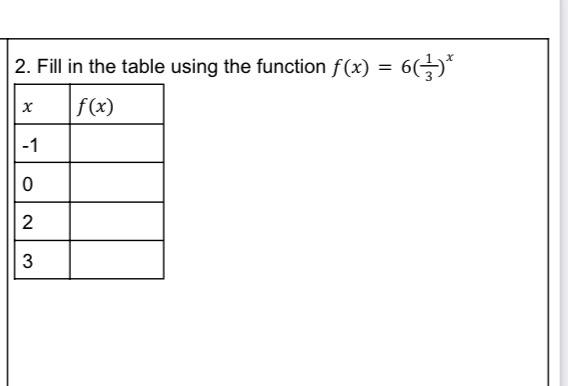 Solved = 2. Fill in the table using the function f(x) = 6(3) | Chegg.com