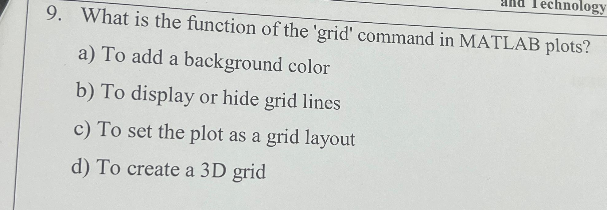 Solved What is the function of the 'grid' command in MATLAB | Chegg.com