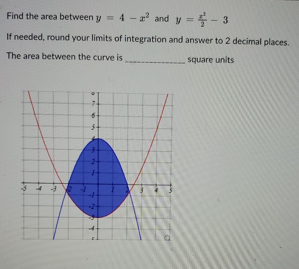 Solved Find the area between y=4−x2 and y=2x2−3 If needed, | Chegg.com