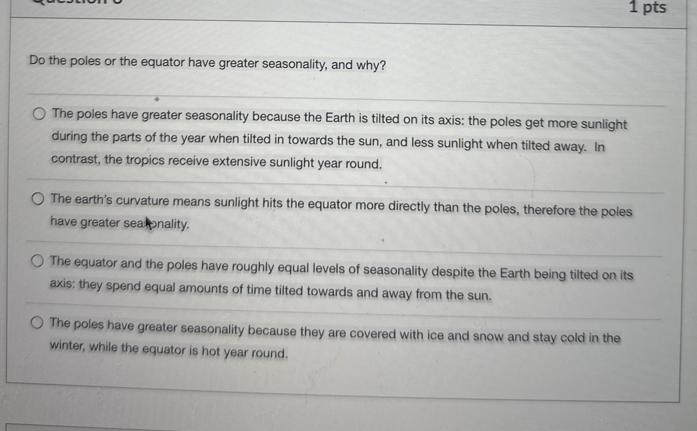 Solved Do the poles or the equator have greater seasonality, | Chegg.com