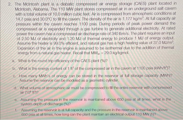 2. The Mcintosh plant is a diabatic compressed air | Chegg.com