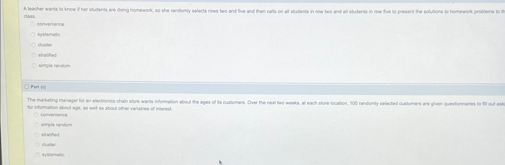 Solved class.conveniencesystematicclusterstratifiedsimple | Chegg.com