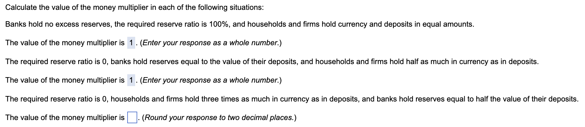 Solved Calculate the value of the money multiplier in each | Chegg.com