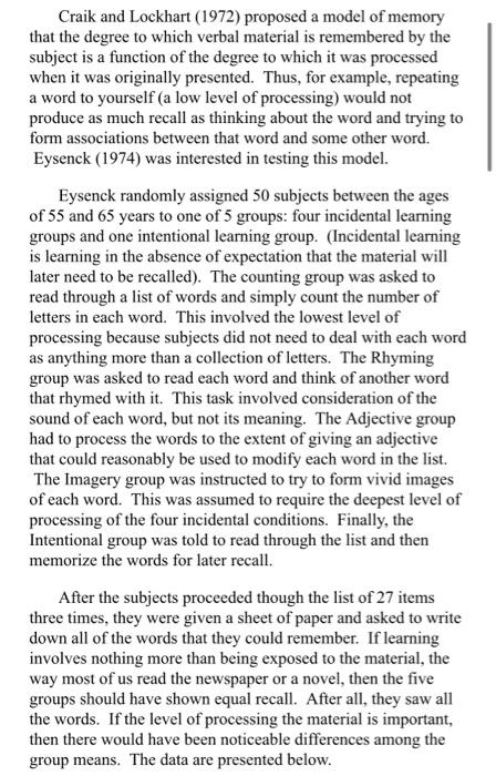 Solved Craik and Lockhart (1972) proposed a model of memory | Chegg.com