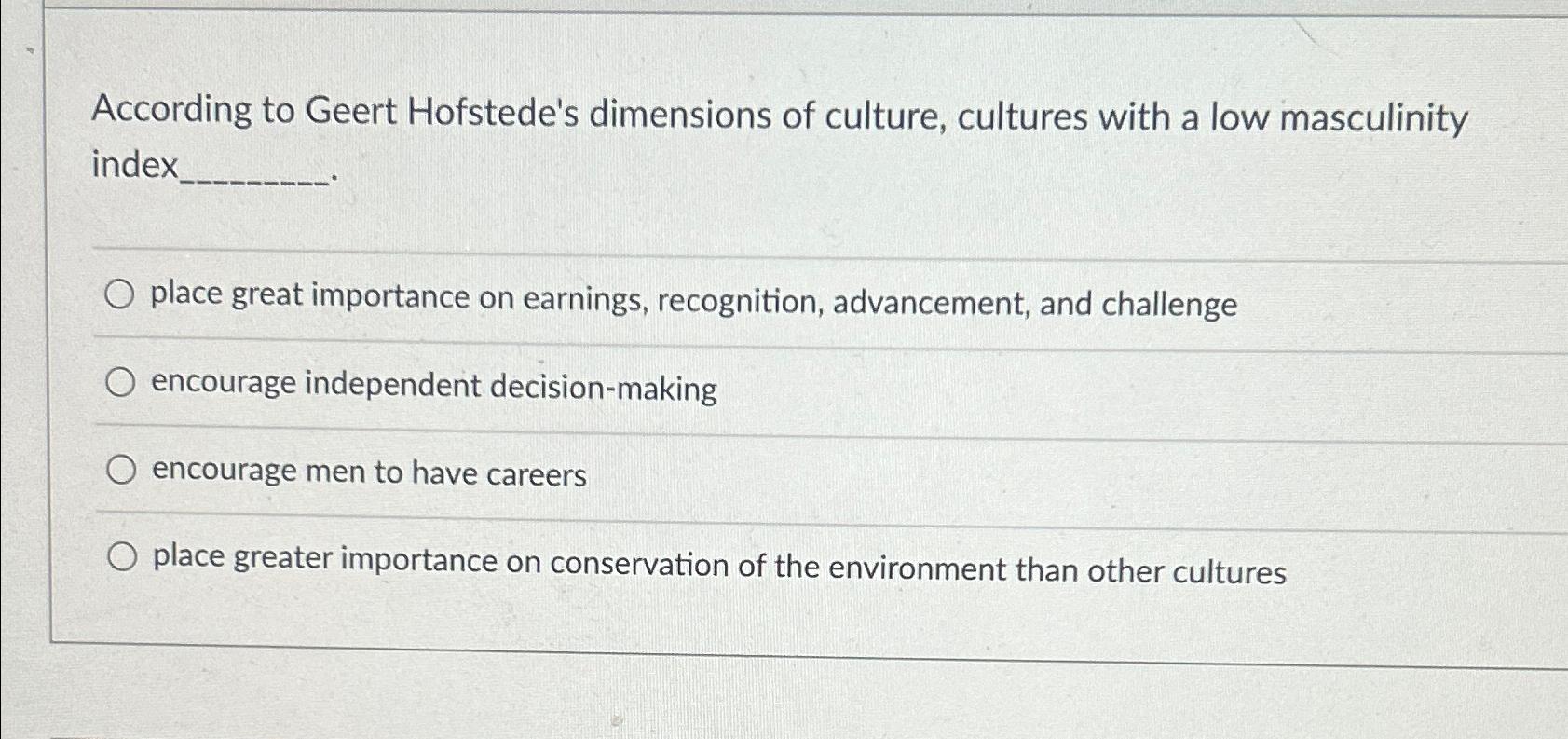 Solved According to Geert Hofstede's dimensions of culture, | Chegg.com
