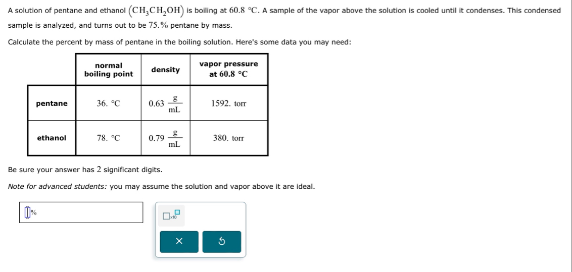 Solved A solution of pentane and ethanol (CH3CH2OH) ﻿is | Chegg.com