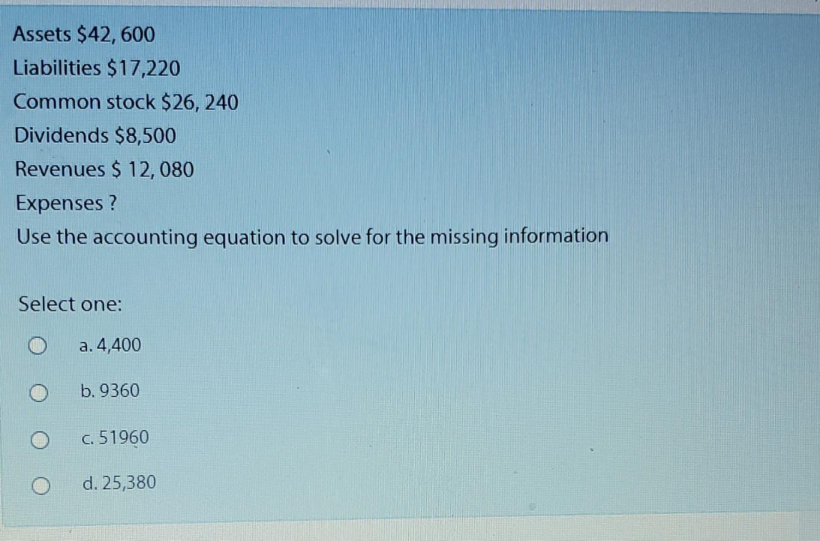 Use the accounting equation to solve for the missing | Chegg.com