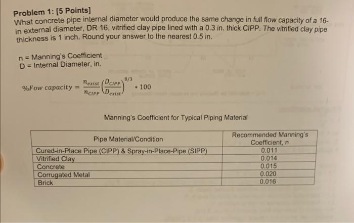 Solved Problem 1: [5 Points] What concrete pipe internal | Chegg.com