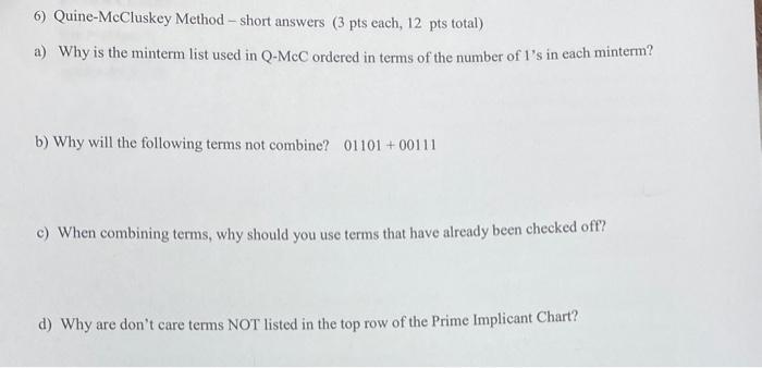 Solved 6 Quine Mccluskey Method Short Answers 3 Pts 