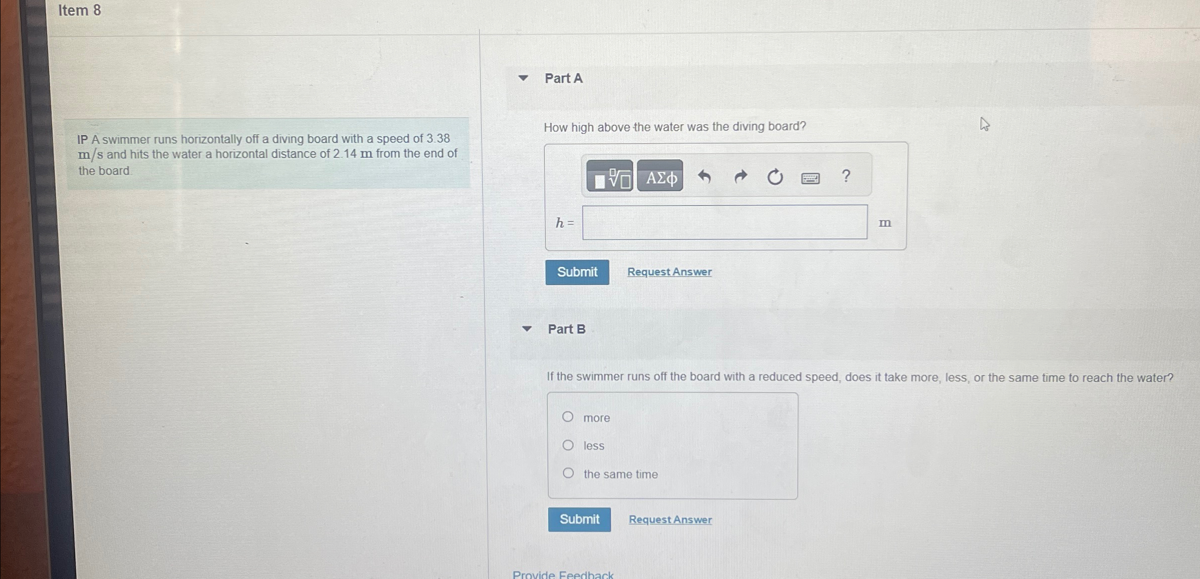 Solved Item 8IP A swimmer runs horizontally off a diving | Chegg.com