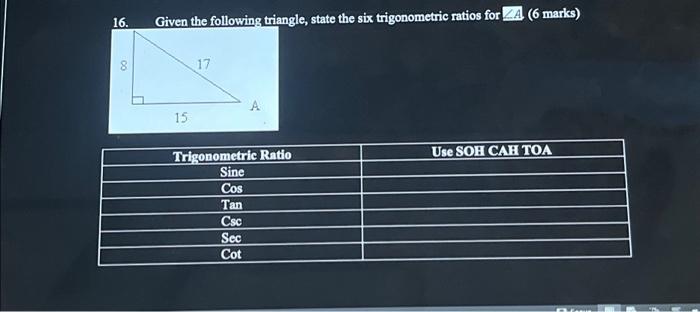 Solved 16. Given the following triangle, state the six | Chegg.com