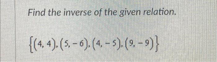 Solved Find the inverse of the given relation. {(4, 4), (5, | Chegg.com