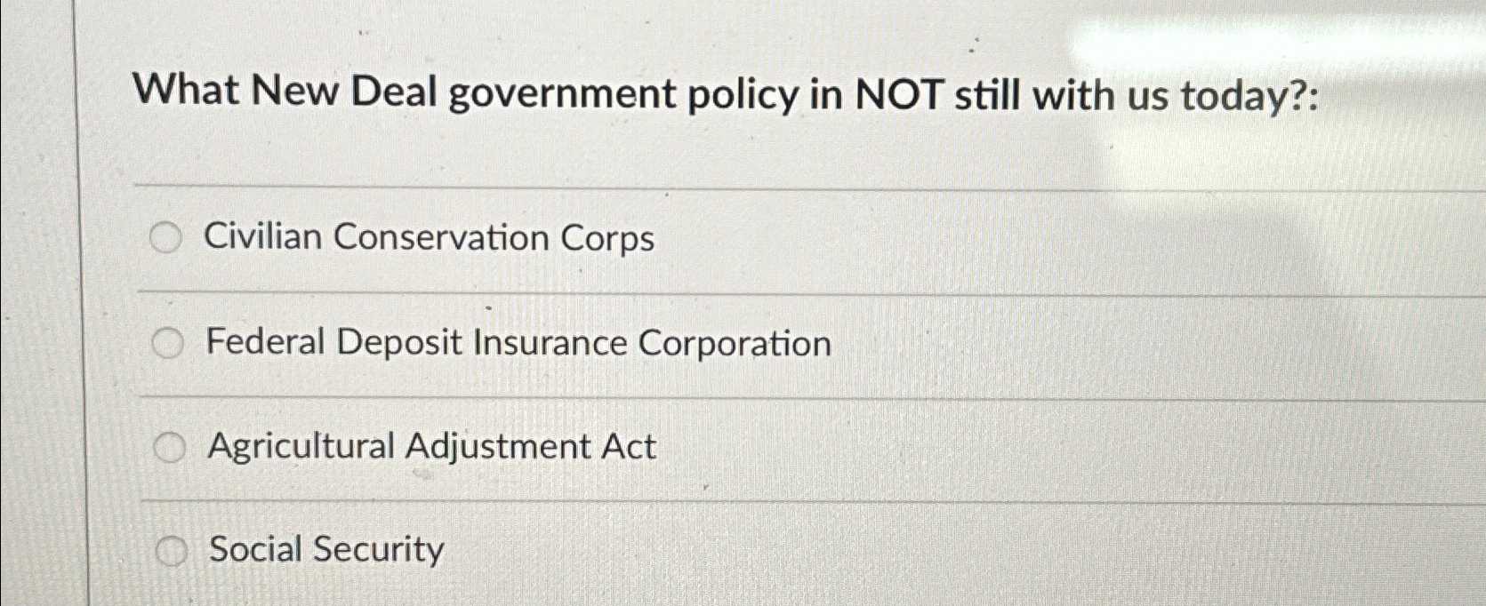 Solved What New Deal government policy in NOT still with us | Chegg.com