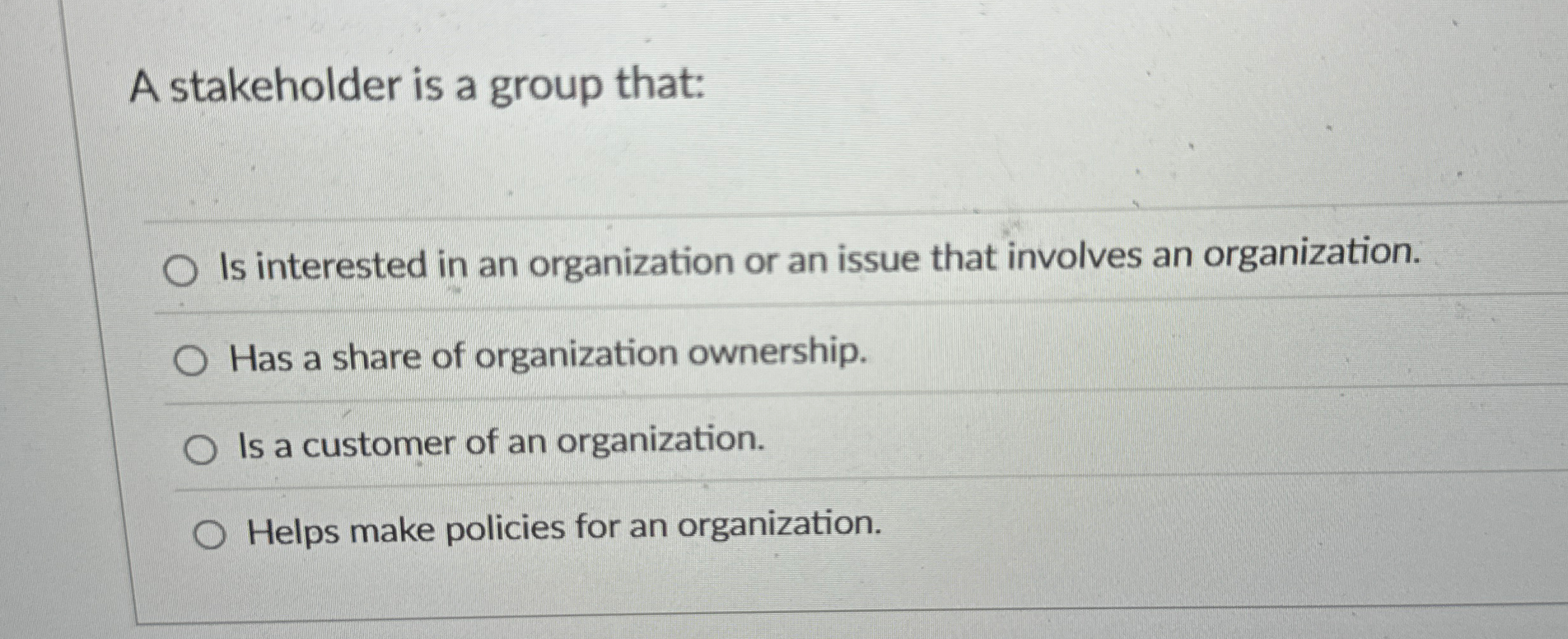 Solved A stakeholder is a group that:Is interested in an | Chegg.com