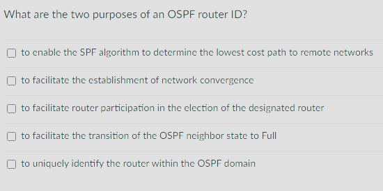 Solved What are the two purposes of an OSPF router ID?to | Chegg.com