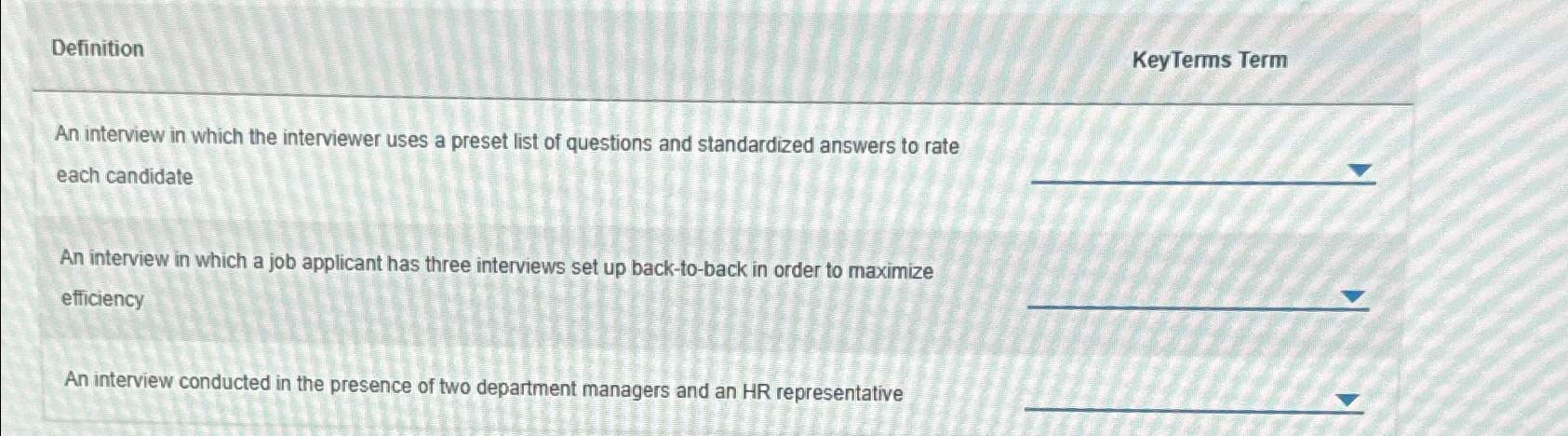 Solved DefinitionKeyTerms TermAn interview in which the | Chegg.com