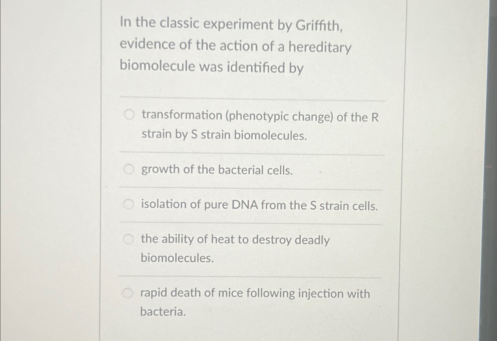 Solved In the classic experiment by Griffith, evidence of | Chegg.com