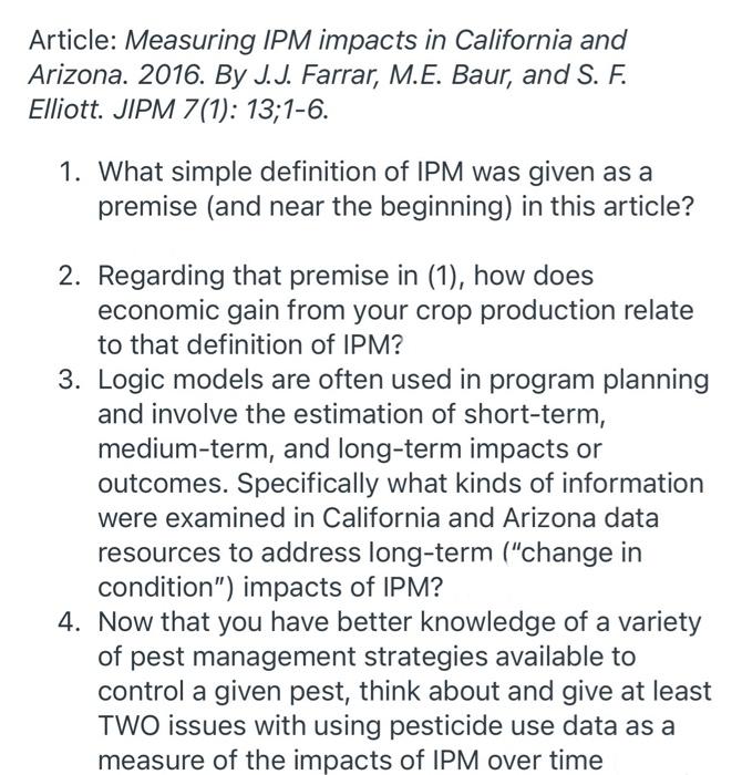 Solved Article: Measuring IPM impacts in California and | Chegg.com