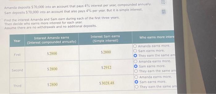 Solved Amanda deposits $70,000 into an account that pays 4% | Chegg.com