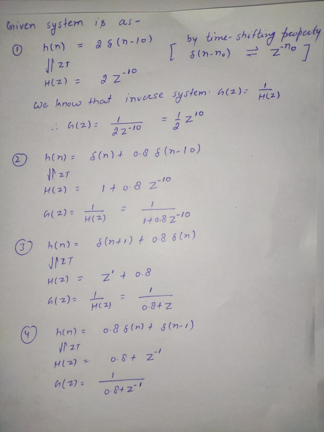 Solved Given impulse responses h(n) and inverse system G(z), | Chegg.com