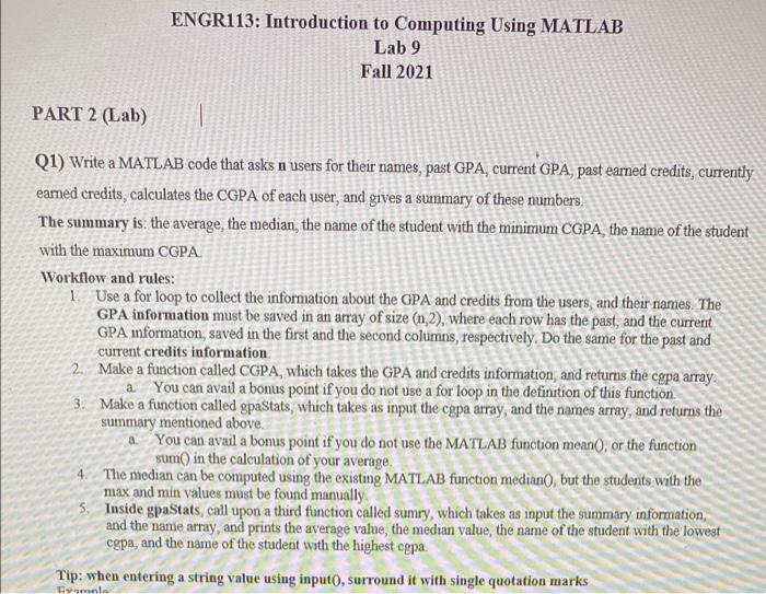 Solved Engr113 Introduction To Computing Using Matlab Lab 9