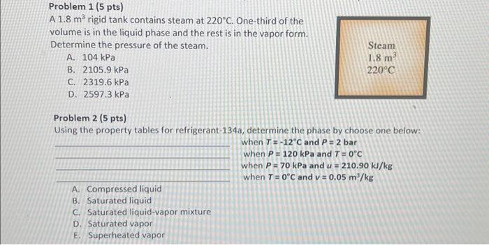 Solved Problem 1 (5 pts) A 1.8 m3 rigid tank contains steam | Chegg.com