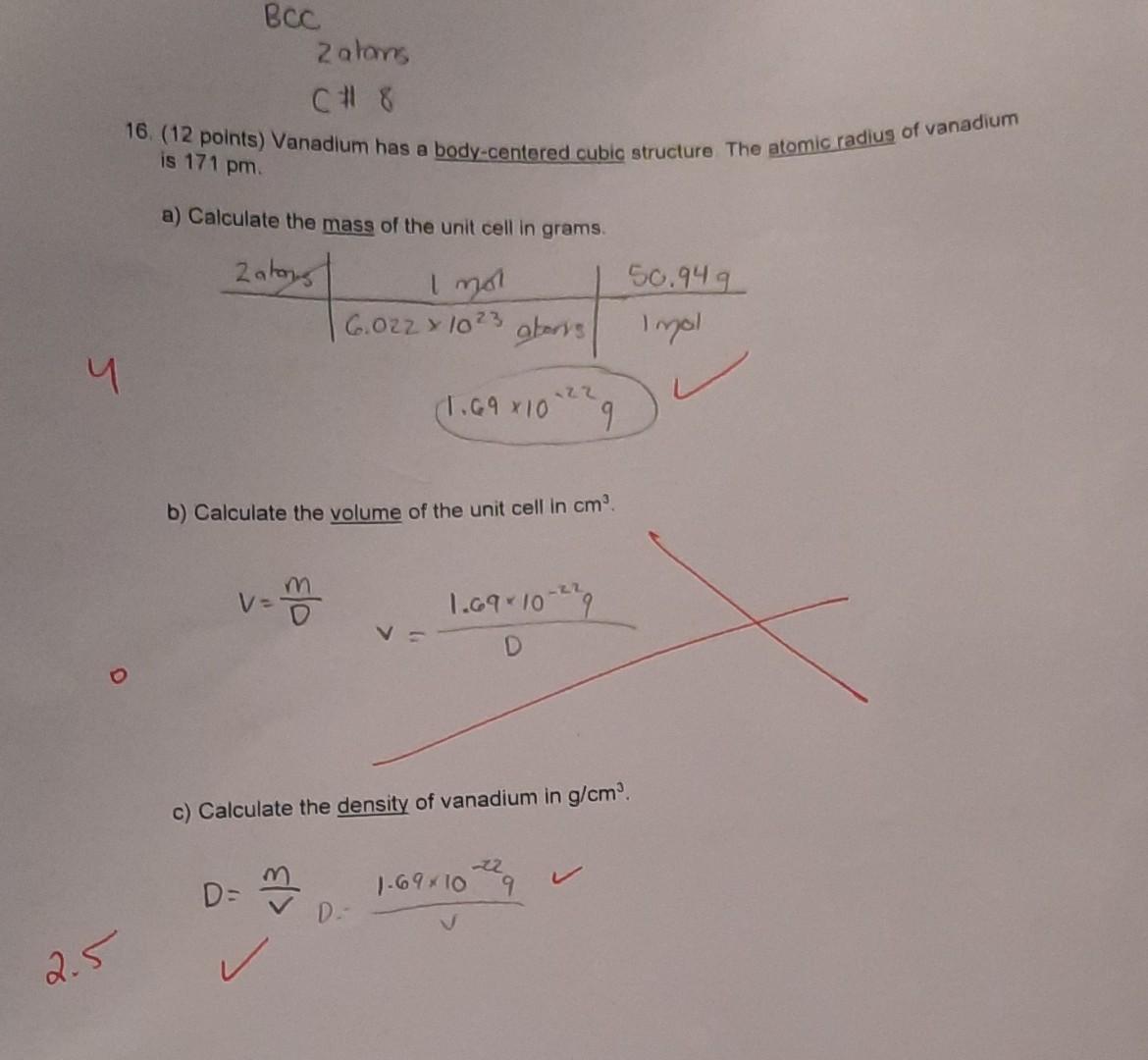 Solved 16. (12 points) Vanadium has a body-centered cubic | Chegg.com