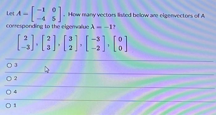 Solved Let A=[−1−405]. How many vectors listed below are | Chegg.com