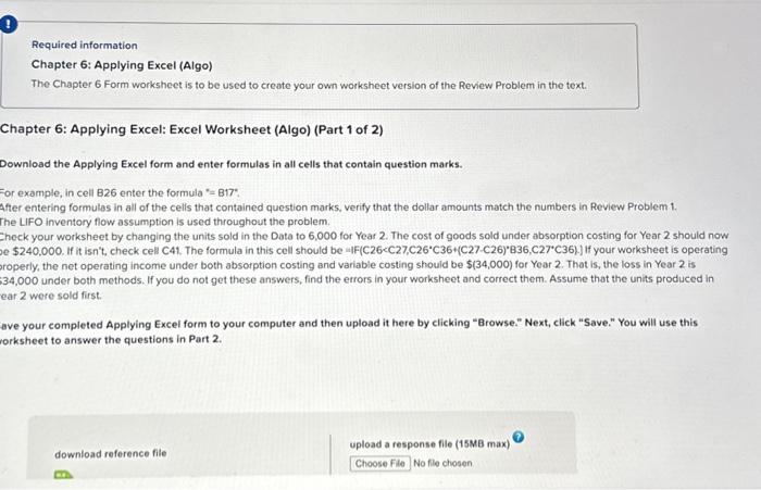 Required information Chapter 6: Applying Excel (Algo) | Chegg.com