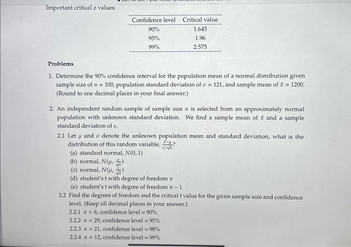 Solved Important critical z values: Problems 1. Determine | Chegg.com