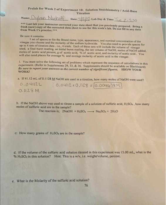 Solved Prelab for Week 2 of Experiment 10: Solution | Chegg.com