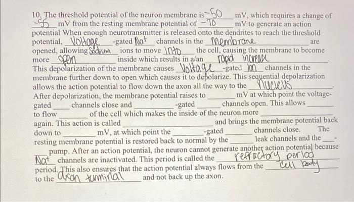 Solved 10. The threshold potential of the neuron membrane is | Chegg.com