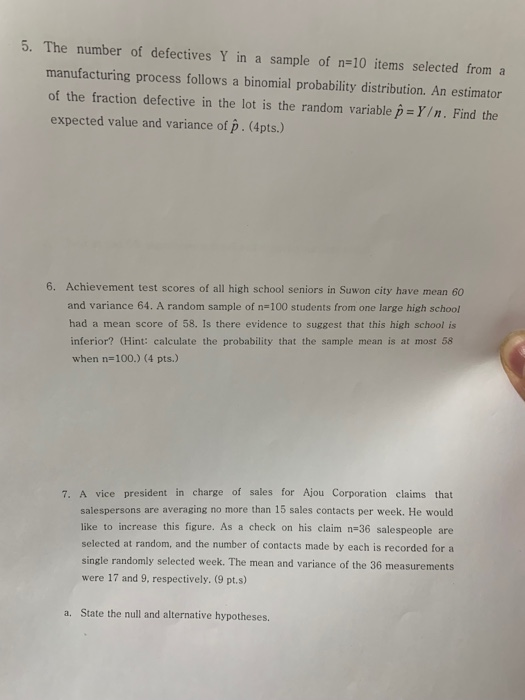 Solved 5. The number of defectives Y in a sample of n=10 | Chegg.com