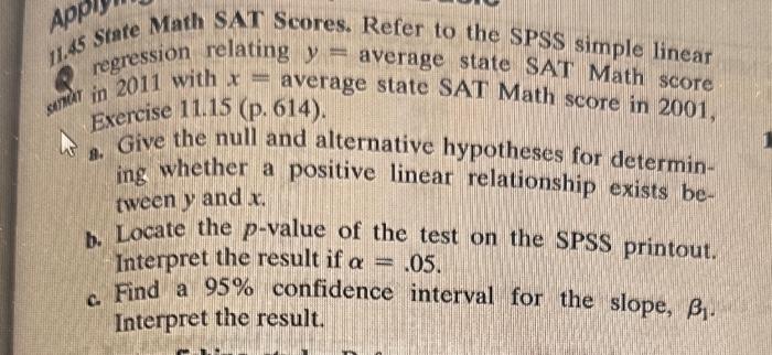 Solved 11.45 Srate Math SAT Scores. Refer to the SPSS simple | Chegg.com
