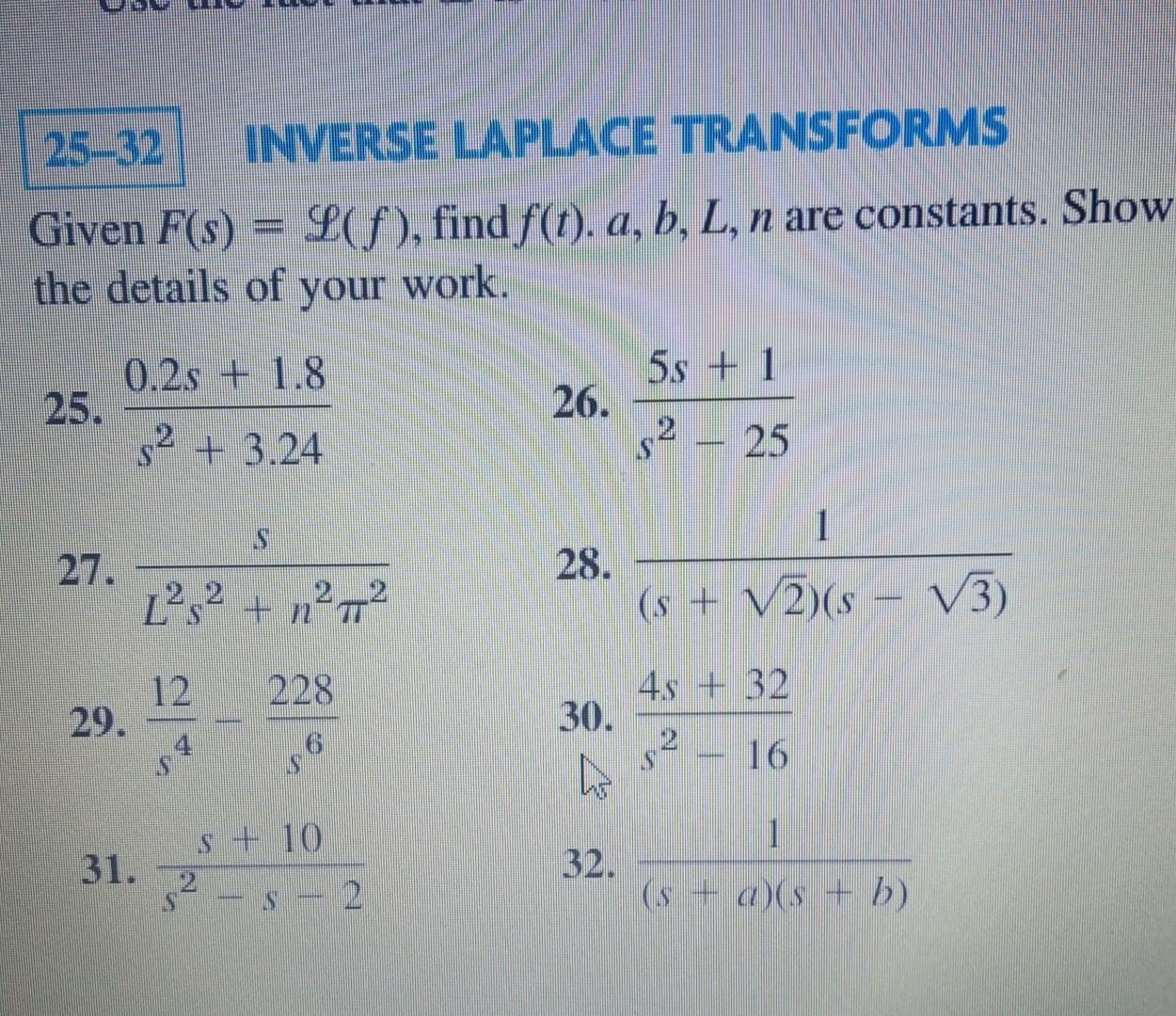 Solved LAPLACE TRANSFORMS Given F(s)=L(f), find f(t).a,b,L,n | Chegg.com