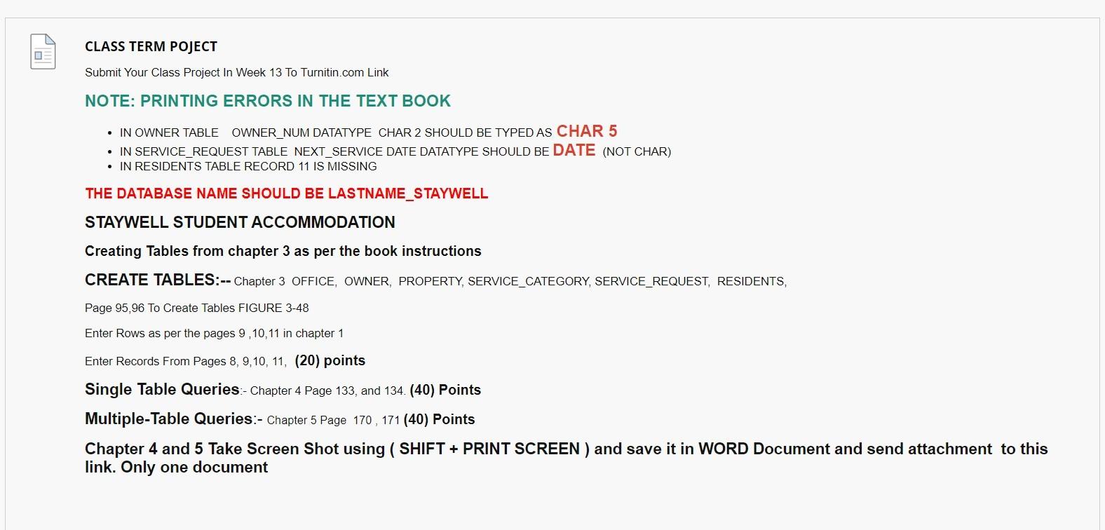 CLASS TERM POJECT Submit Your Class Project In Week | Chegg.com