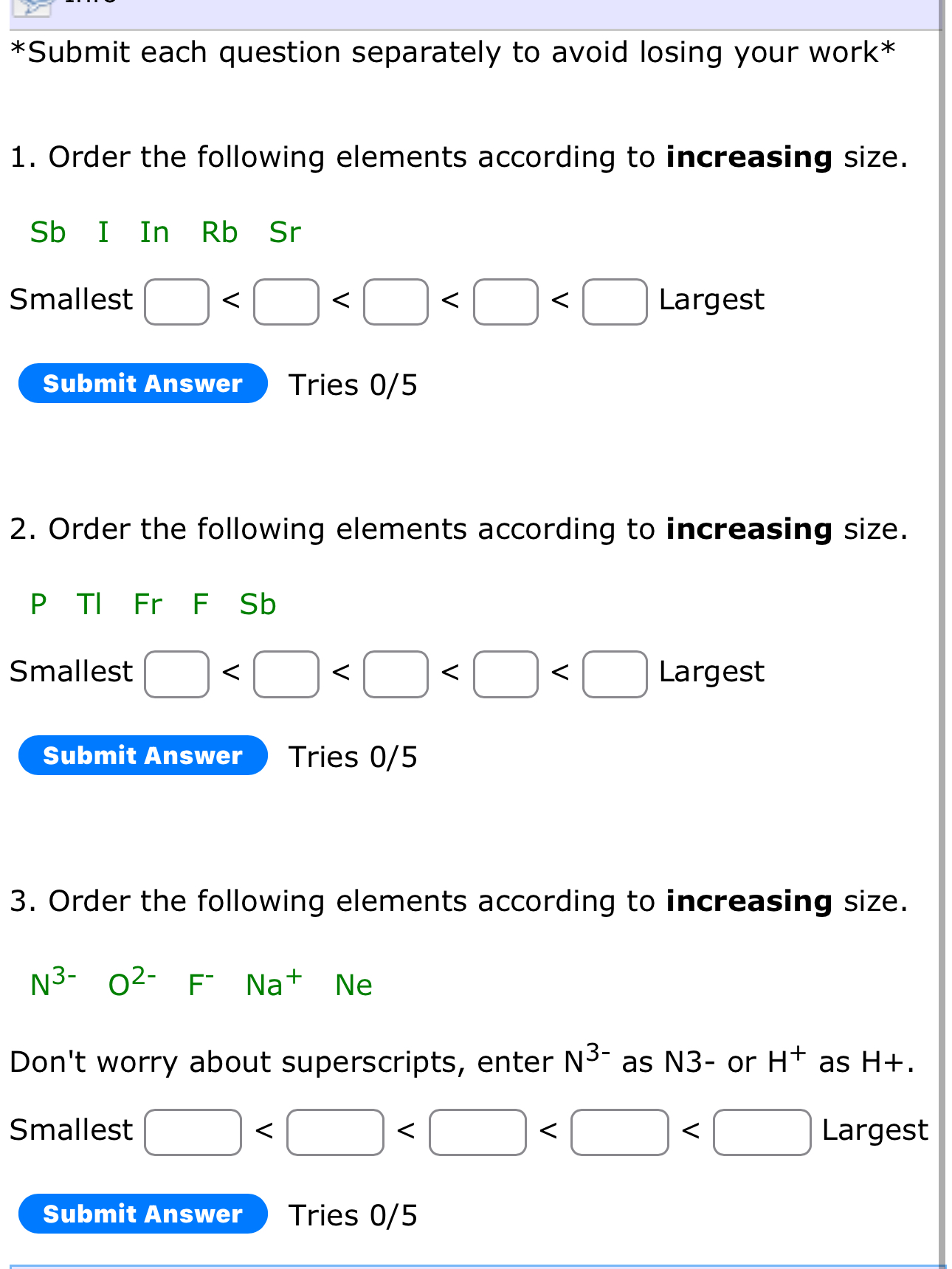 Solved Order the following elements according to increasing | Chegg.com