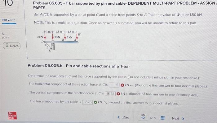 Problem 05.005 - T bar supported by pin and cable- | Chegg.com