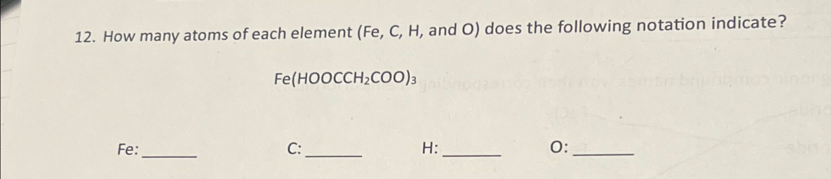 Solved How many atoms of each element ( Fe,C,H, ﻿and O ) | Chegg.com