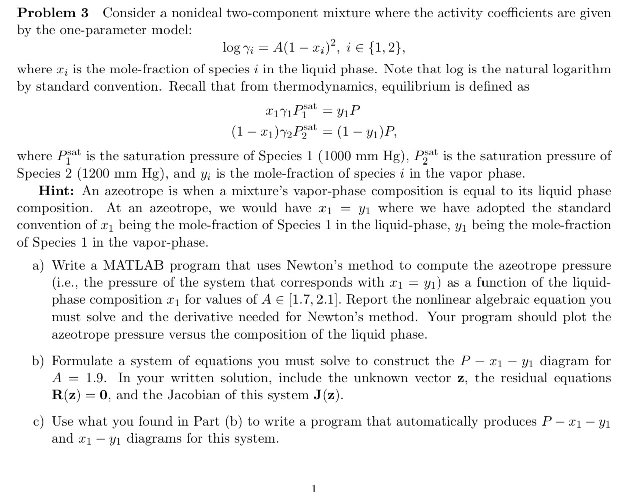 Solved Problem 3 ﻿Consider a nonideal two-component mixture | Chegg.com
