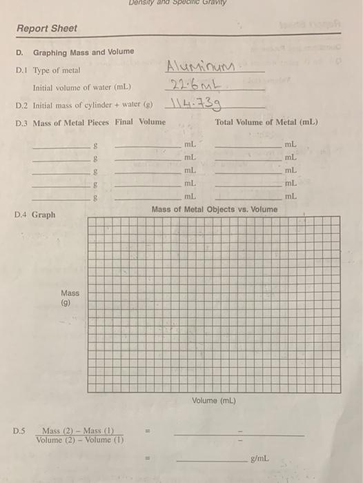Solved Density and specific Gravity Report Sheet D.Graphing | Chegg.com