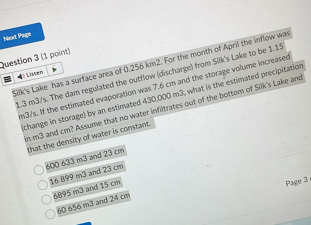 Solved Next PageQuestion 3 (1 ﻿point)ListenSilk's Lake has a | Chegg.com
