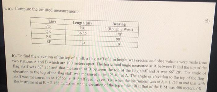 Solved 4. a). Compute the omitted measurements. (5) ) Line | Chegg.com