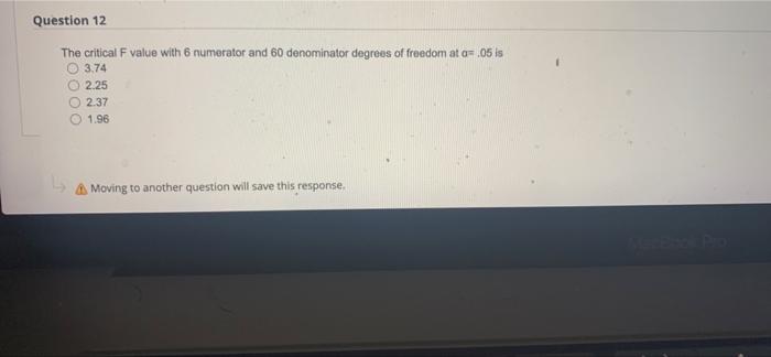 Solved Question 12 The critical F value with 6 numerator and | Chegg.com